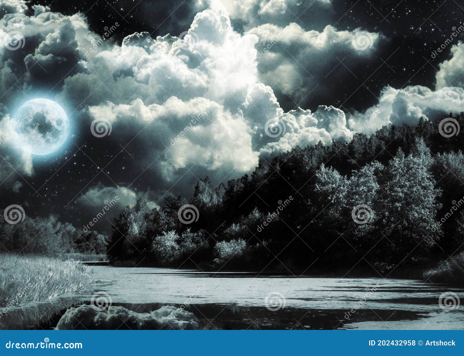 Full Moon and River Landscape Stock Illustration - Illustration of ...