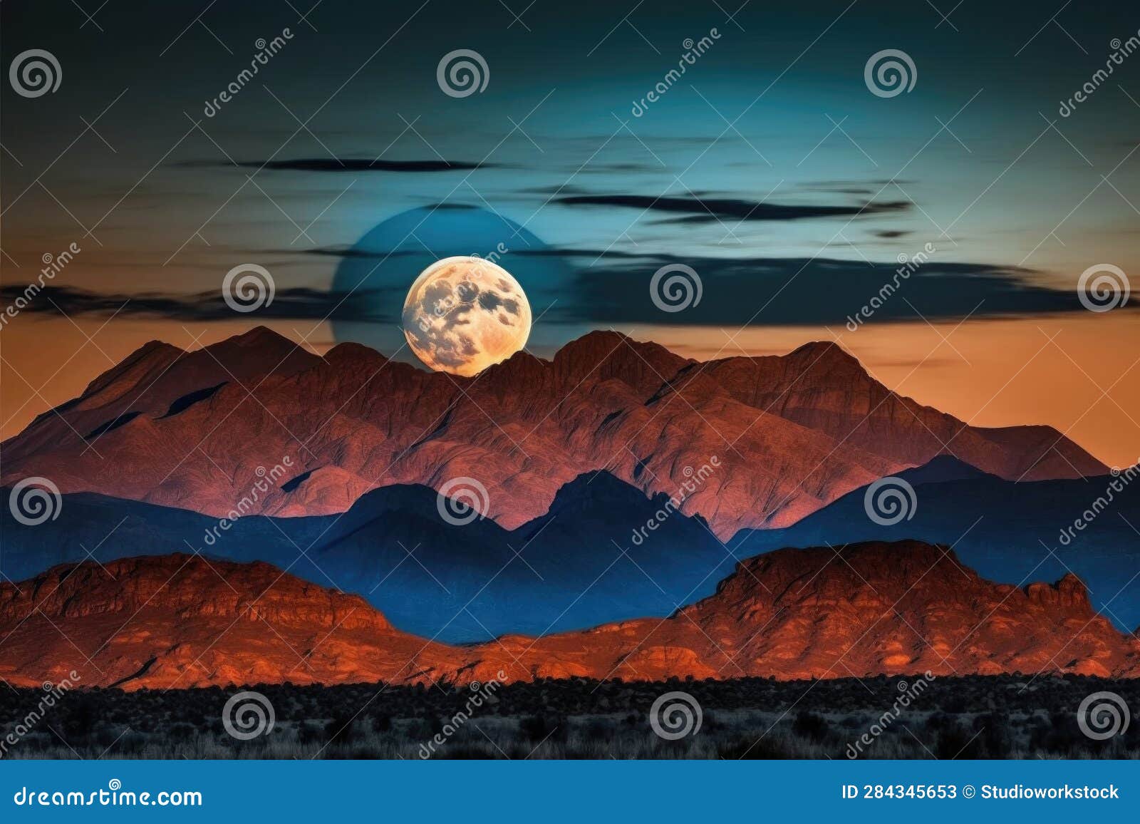 Full Moon Setting Behind Silhouetted Mountain Range Stock Illustration ...