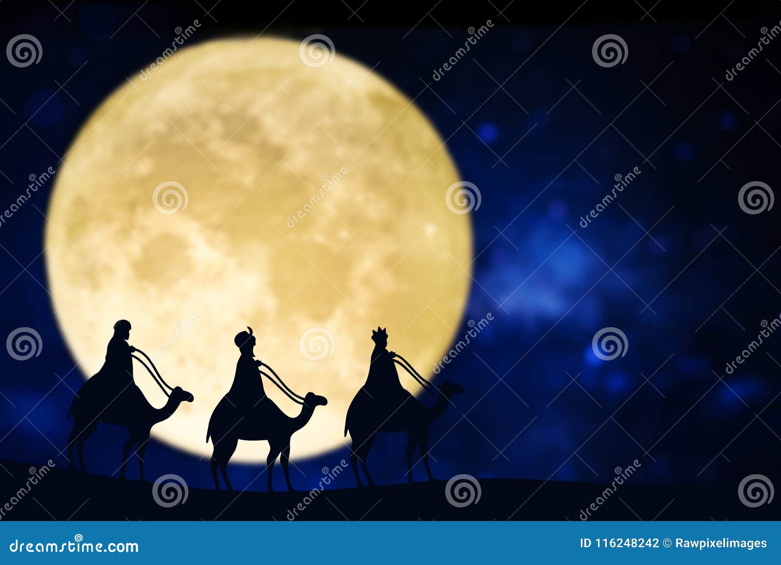 Man Riding Camel In Desert Night With Mosque And Moon Background ...