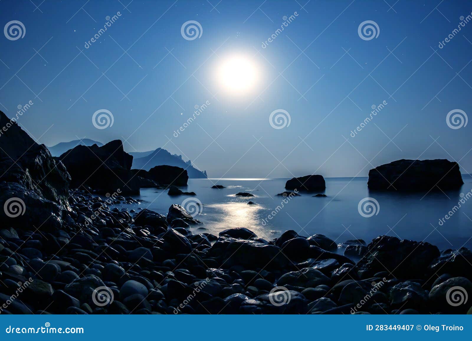 The Full Moon Shines Space on the Stone Seashore. Landscape in Nature ...