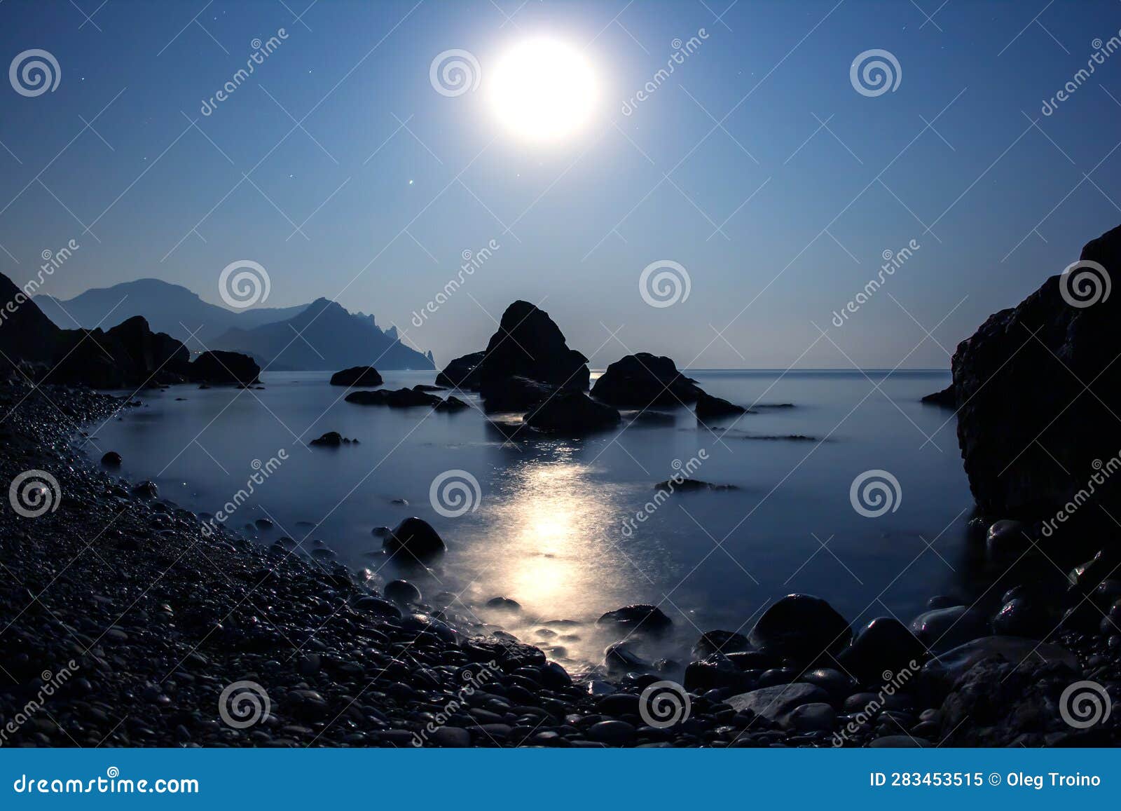 The Full Moon Shines Space on the Stone Seashore. Landscape in Nature ...