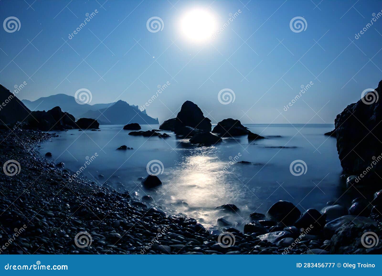 The Full Moon Shines Space on the Stone Seashore. Landscape in Nature ...