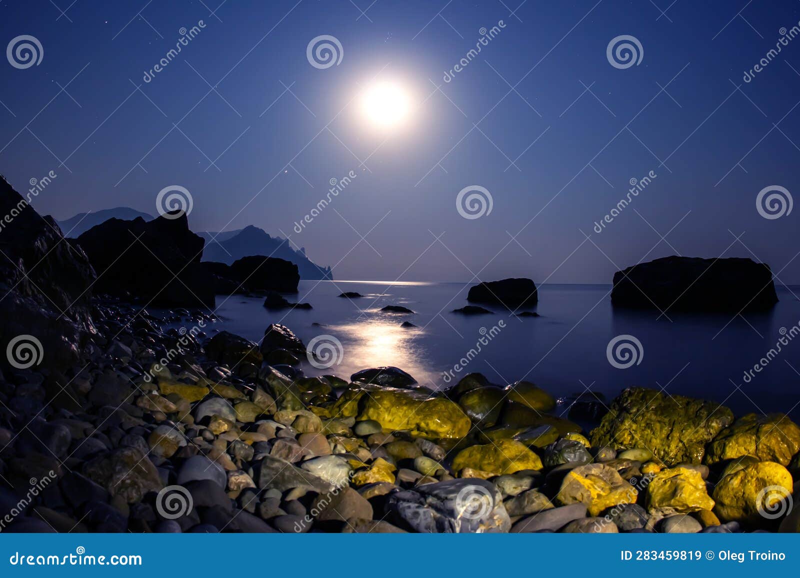 The Full Moon Shines Space on the Stone Seashore. Landscape in Nature ...