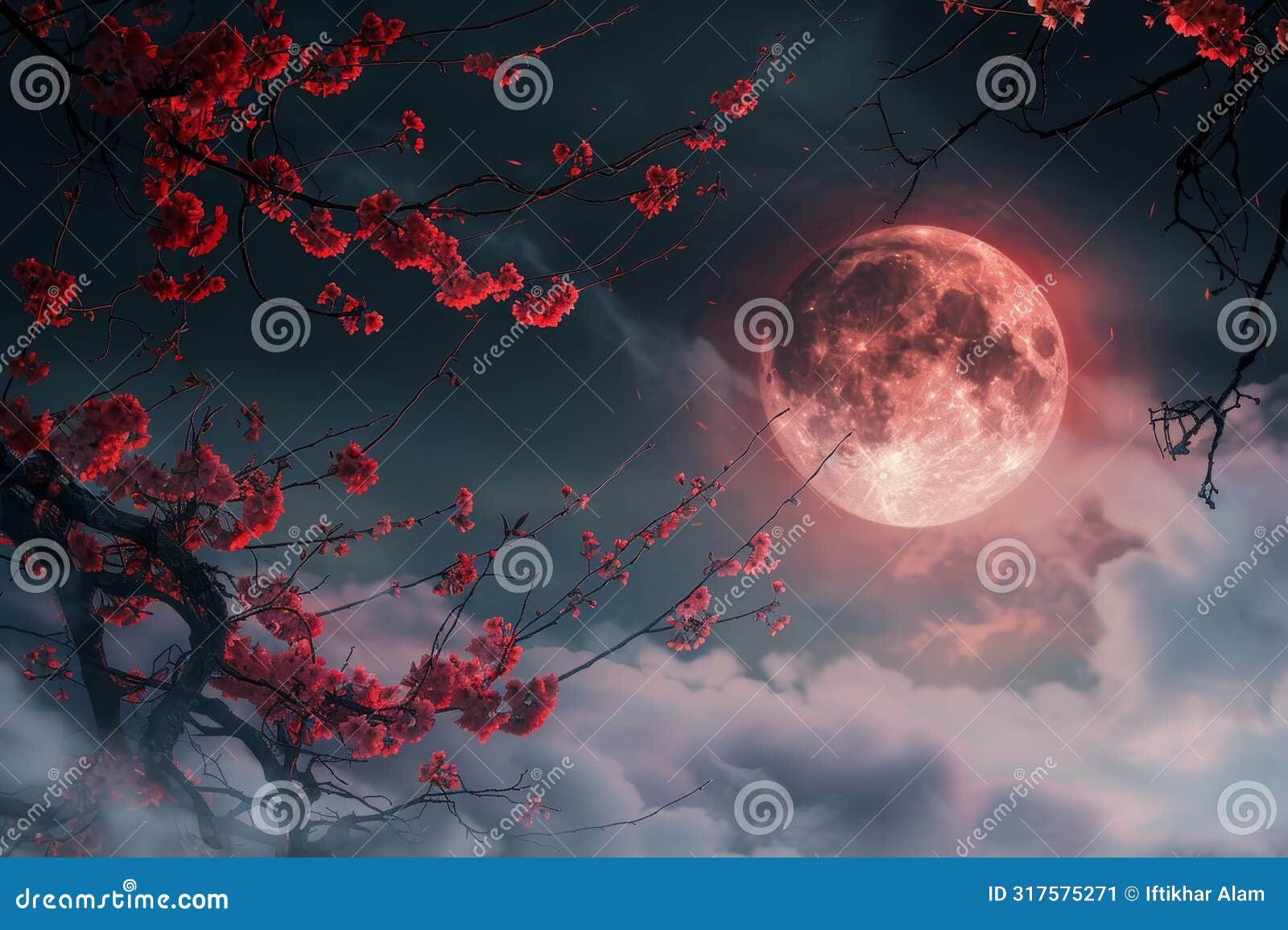 A Full Moon Shines through a Veil of Clouds in the Night Sky, a ...