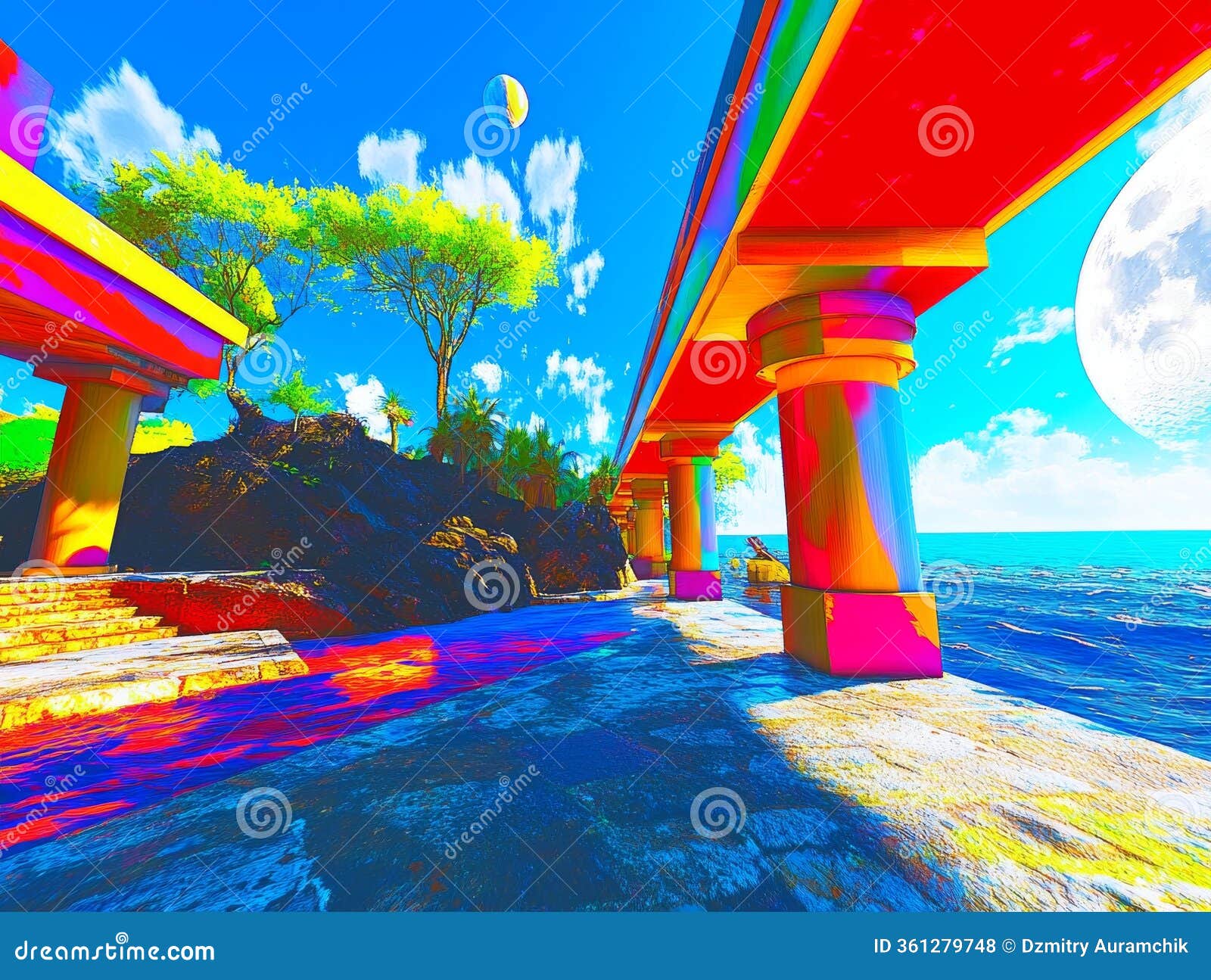 Beachfront With Full Rainbow On Shore Framing Mountain In Sunny Blue ...
