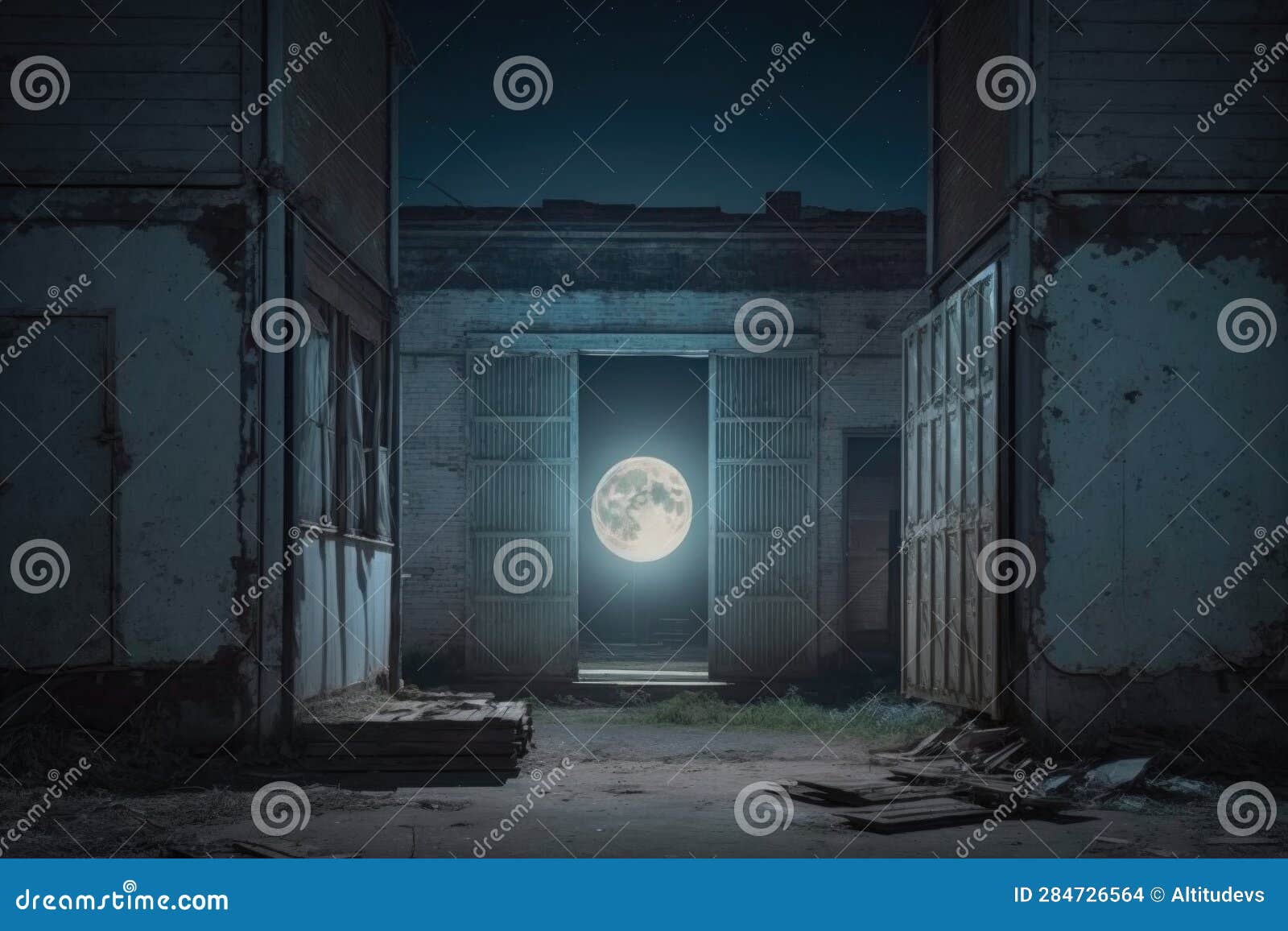 Full Moon Shining Down on Abandoned Warehouse, Windows Broken and Doors ...
