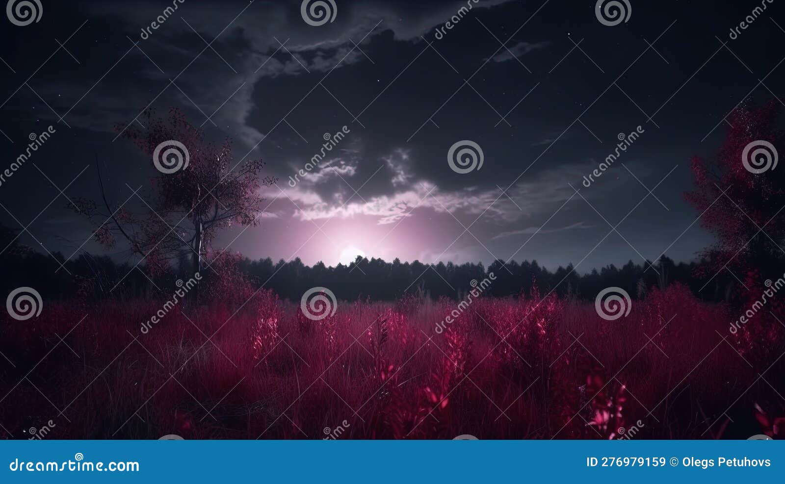 A Full Moon is Shining Over a Field of Grass and Trees Stock ...