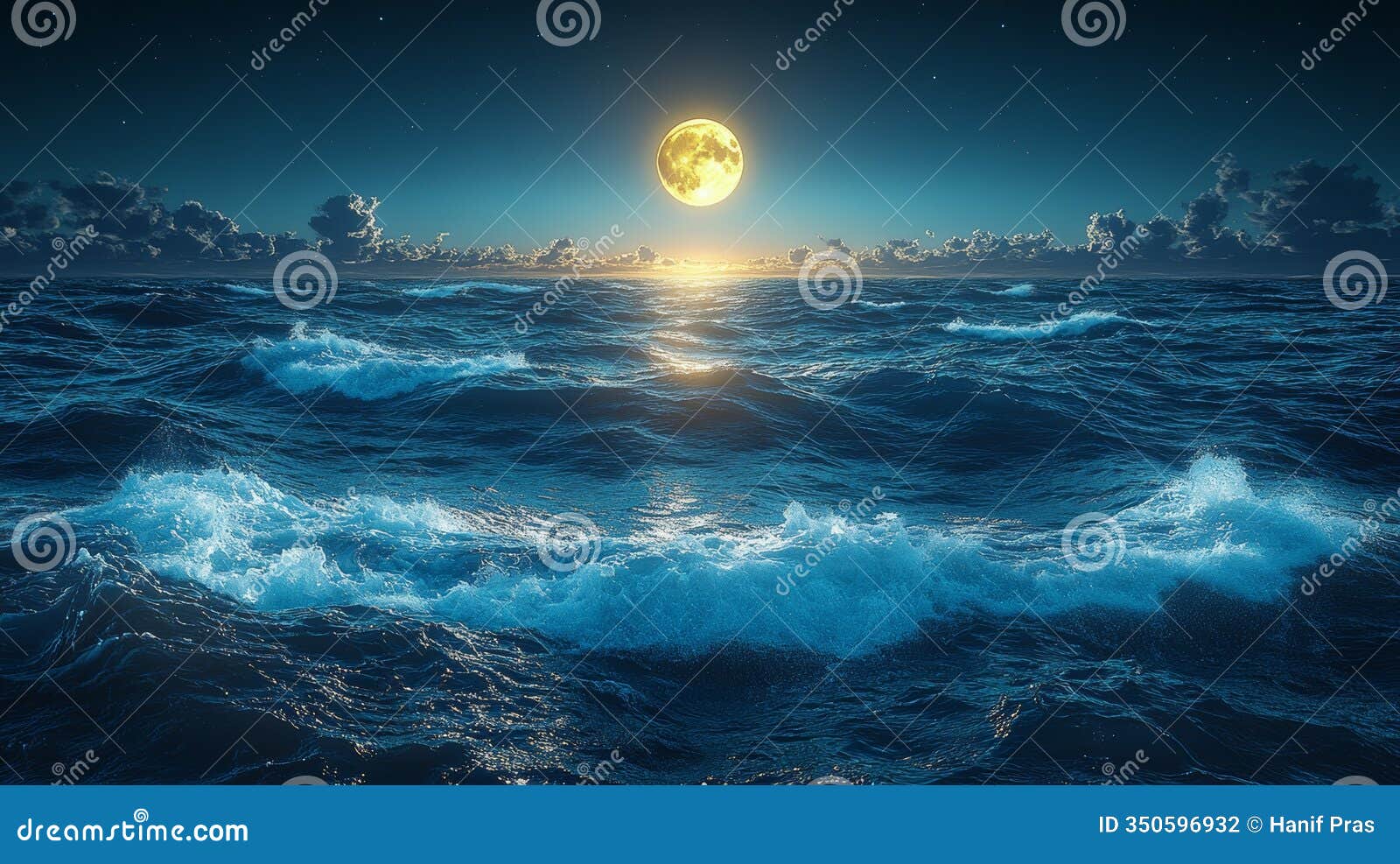 Full Moon Shining Over the Sea with Roaring Ocean Waves Stock ...