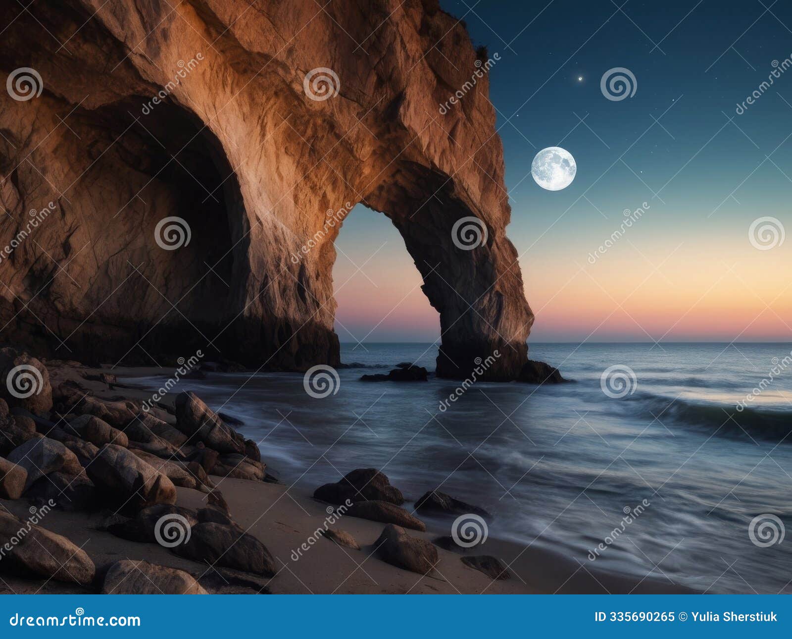 A Full Moon Spotlighting a Natural Archway in a Coastal Cliff. Stock ...