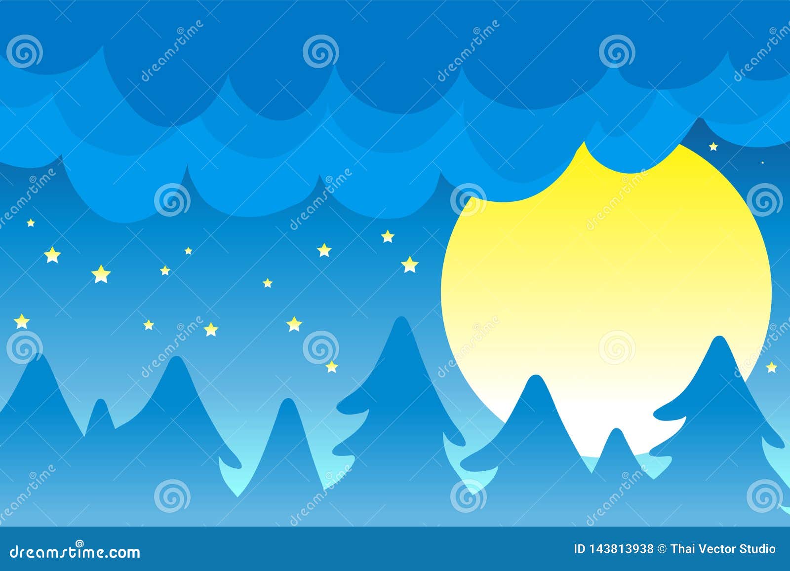 Full Moon and Stars Behind Cloud and Trees. Stock Vector - Illustration ...