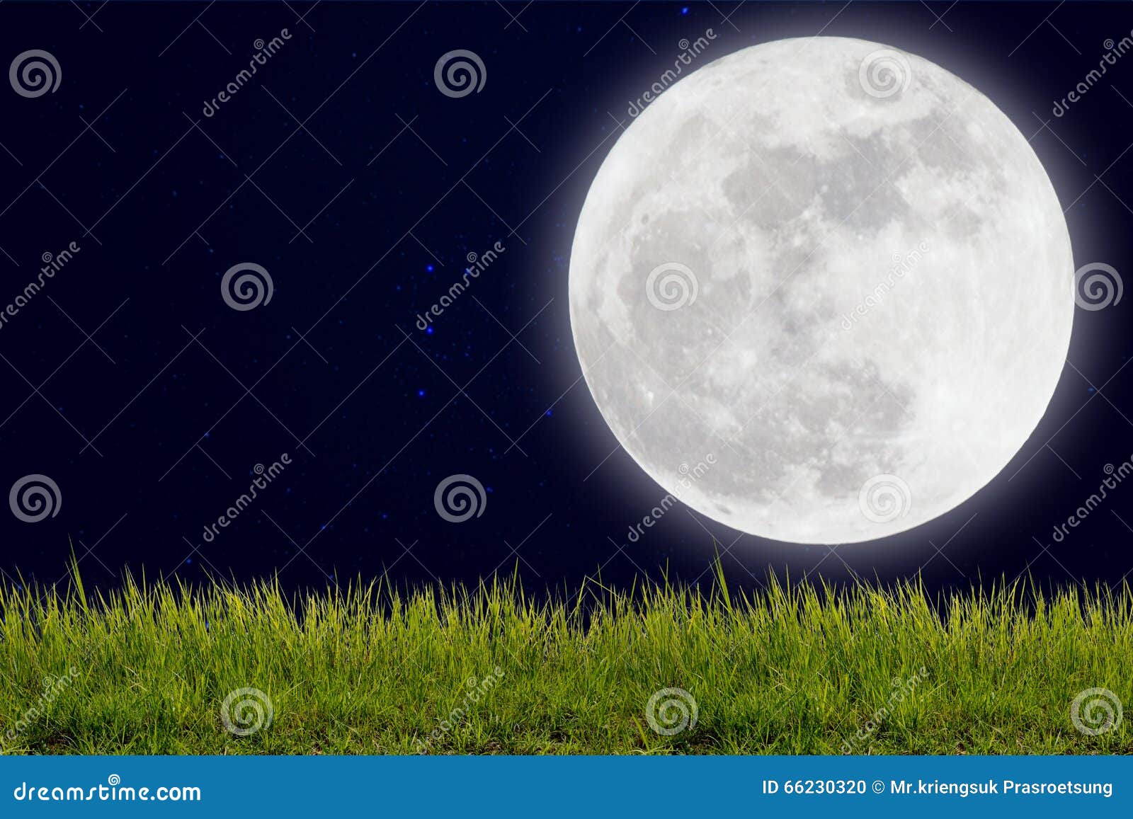 Full Moon with Stars and Field of Green Hill on Darkness Sky. Stock ...