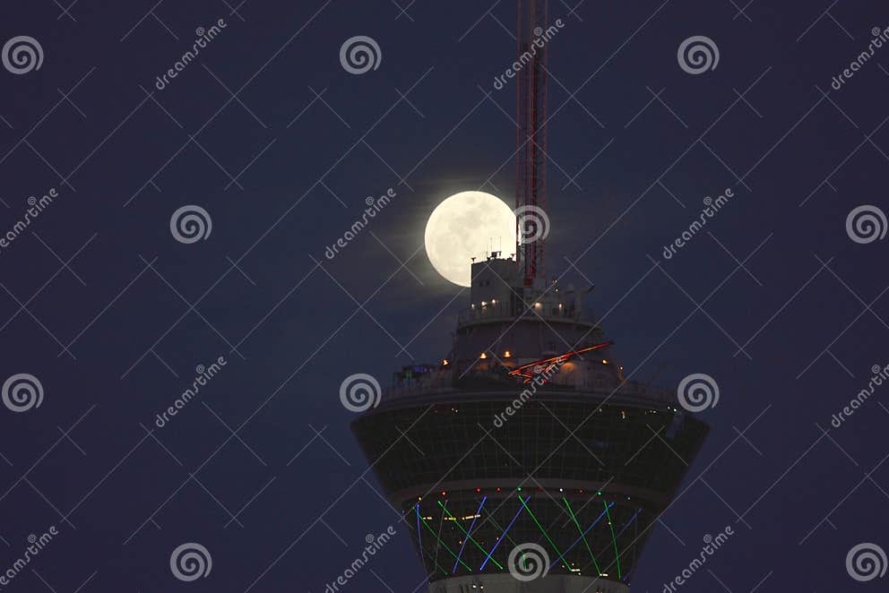 Full Moon & Stratosphere Tower Editorial Stock Photo - Image of nevada ...