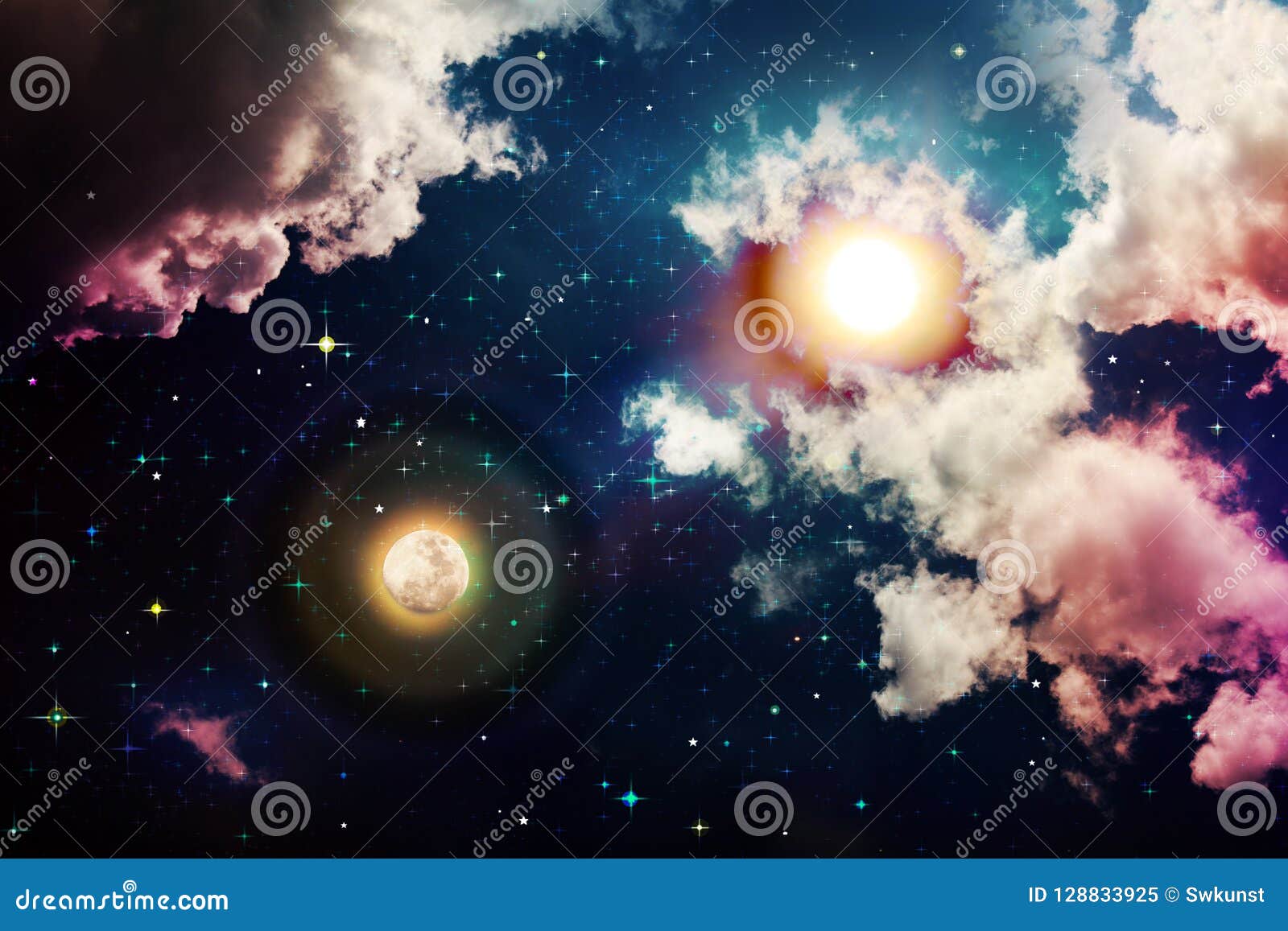 Full Moon With Sun At Dark Night Sky . Stock Image - Image of evening ...