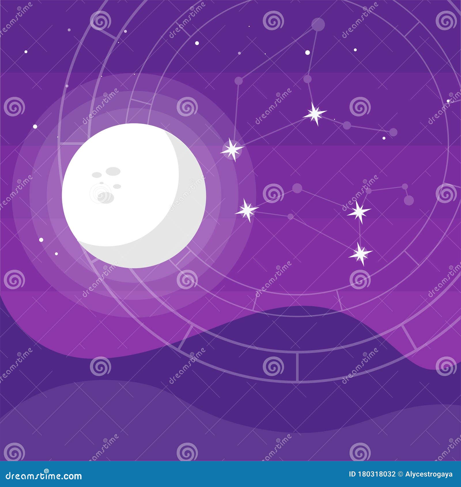 Full Moon Vector Flat Illustration on a Purple Gradient Backgroud with ...