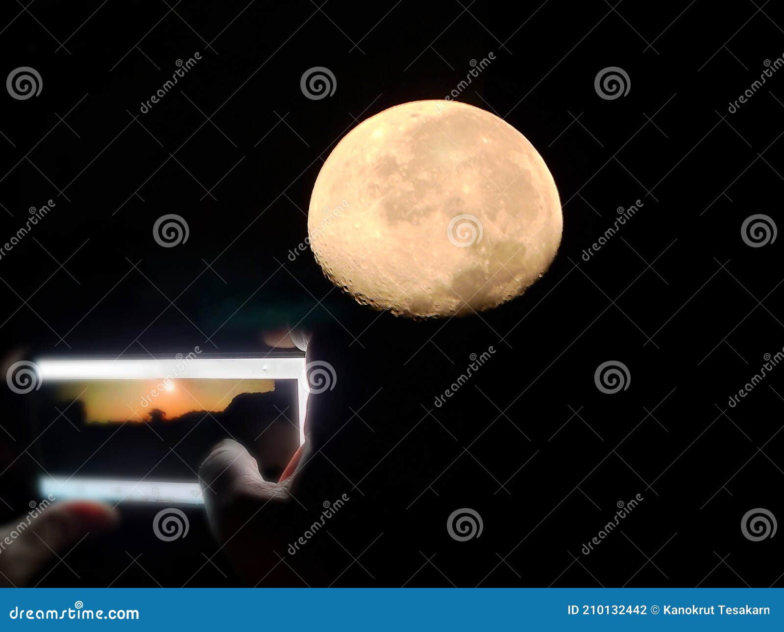 Full Moon View through Mobile Phone Camera in Dark Night Stock Photo ...