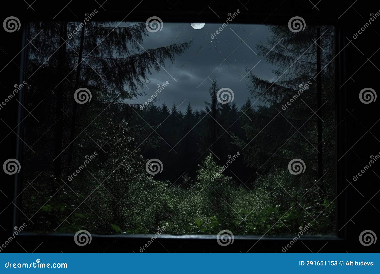 Full Moon View through a Window, Dark Forest Landscape Outside Stock ...
