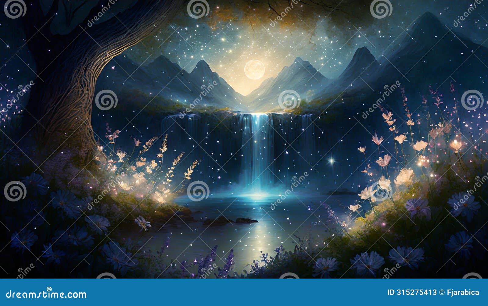 Full moon waterfall stock illustration. Illustration of nebula - 315275413