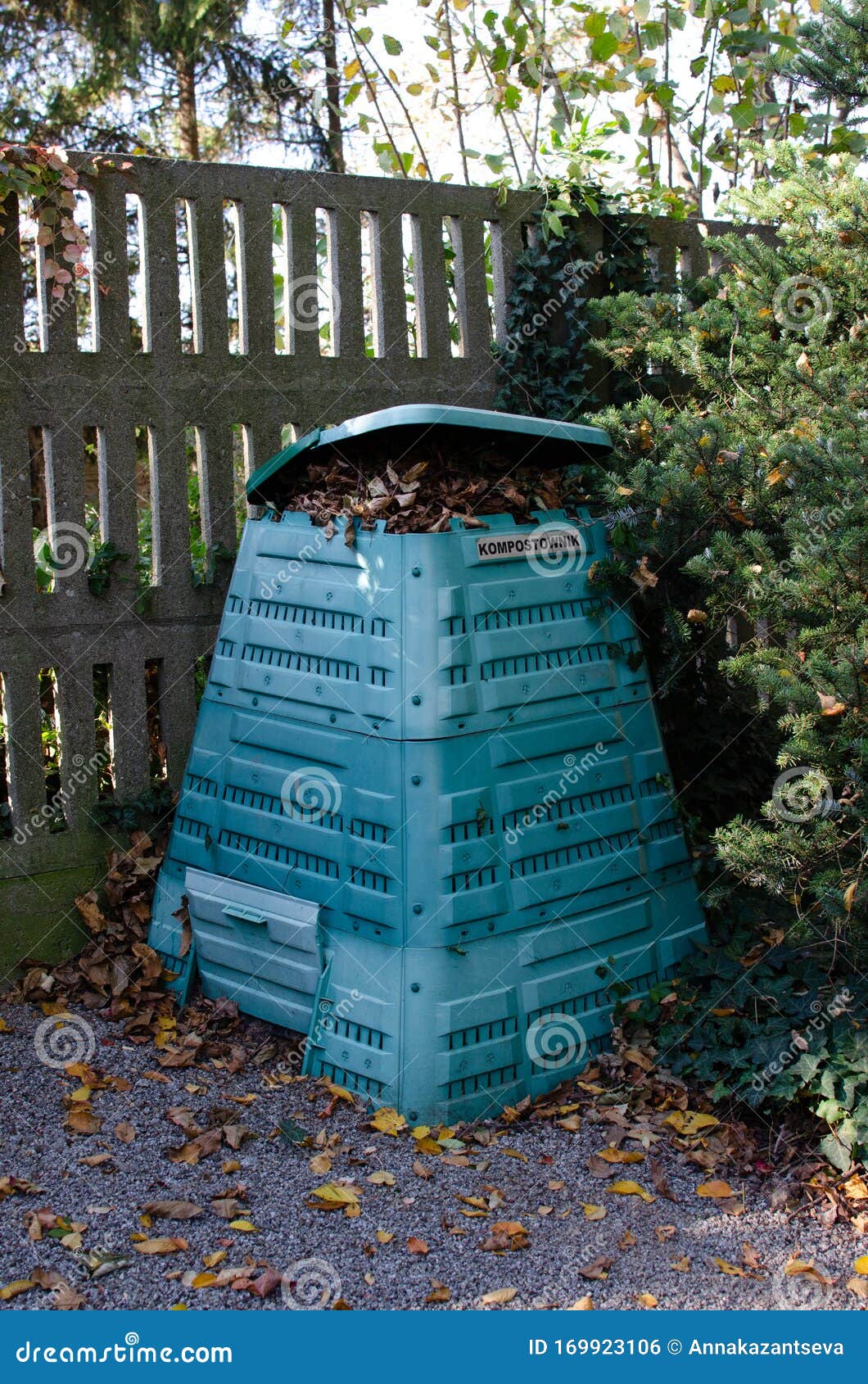 Full Outside Plastic Compost Container With Leaves And Branches. Text ...