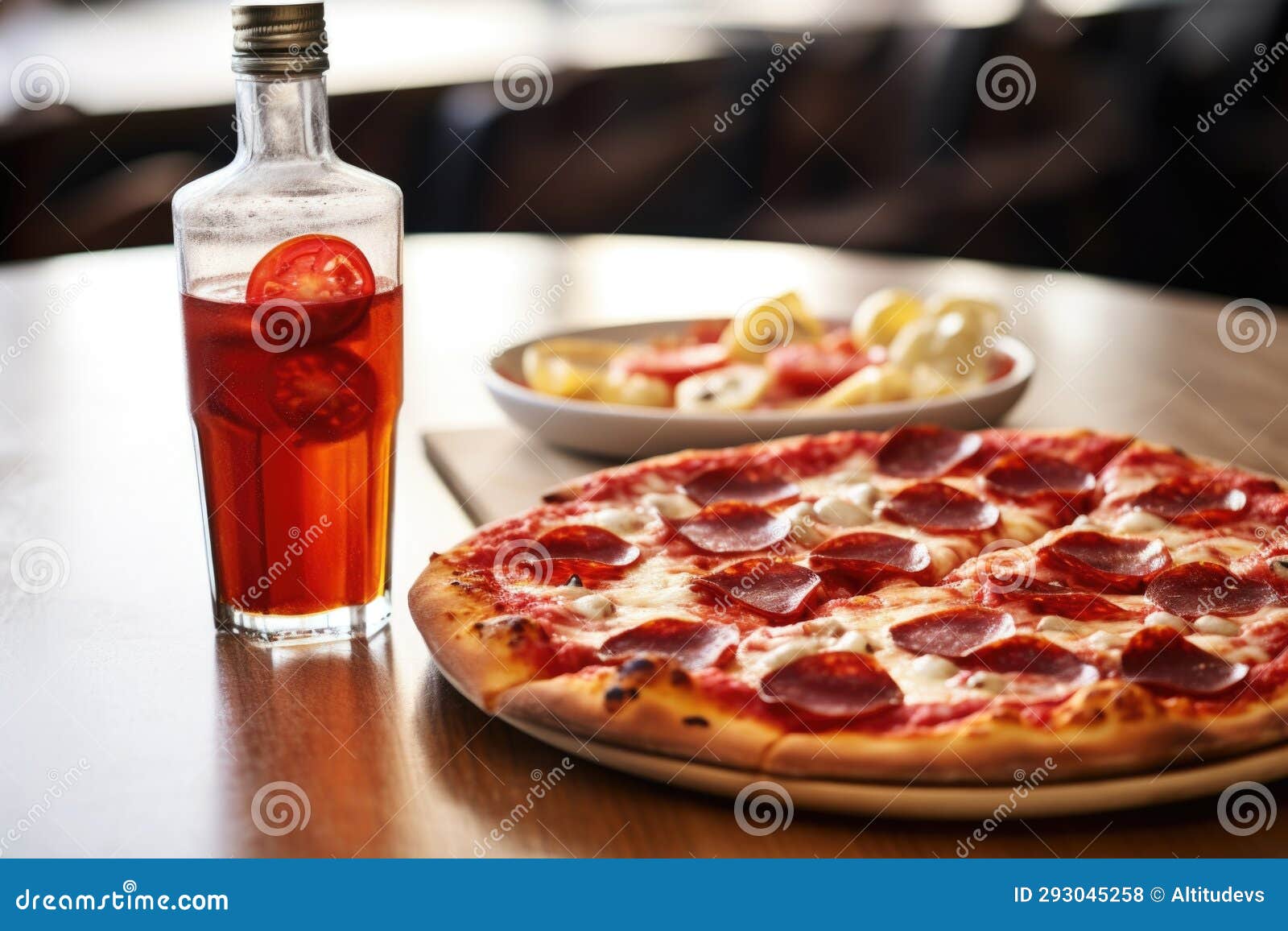 A Full Pepperoni Pizza Next To a Bottle of Soda Stock Photo - Image of ...