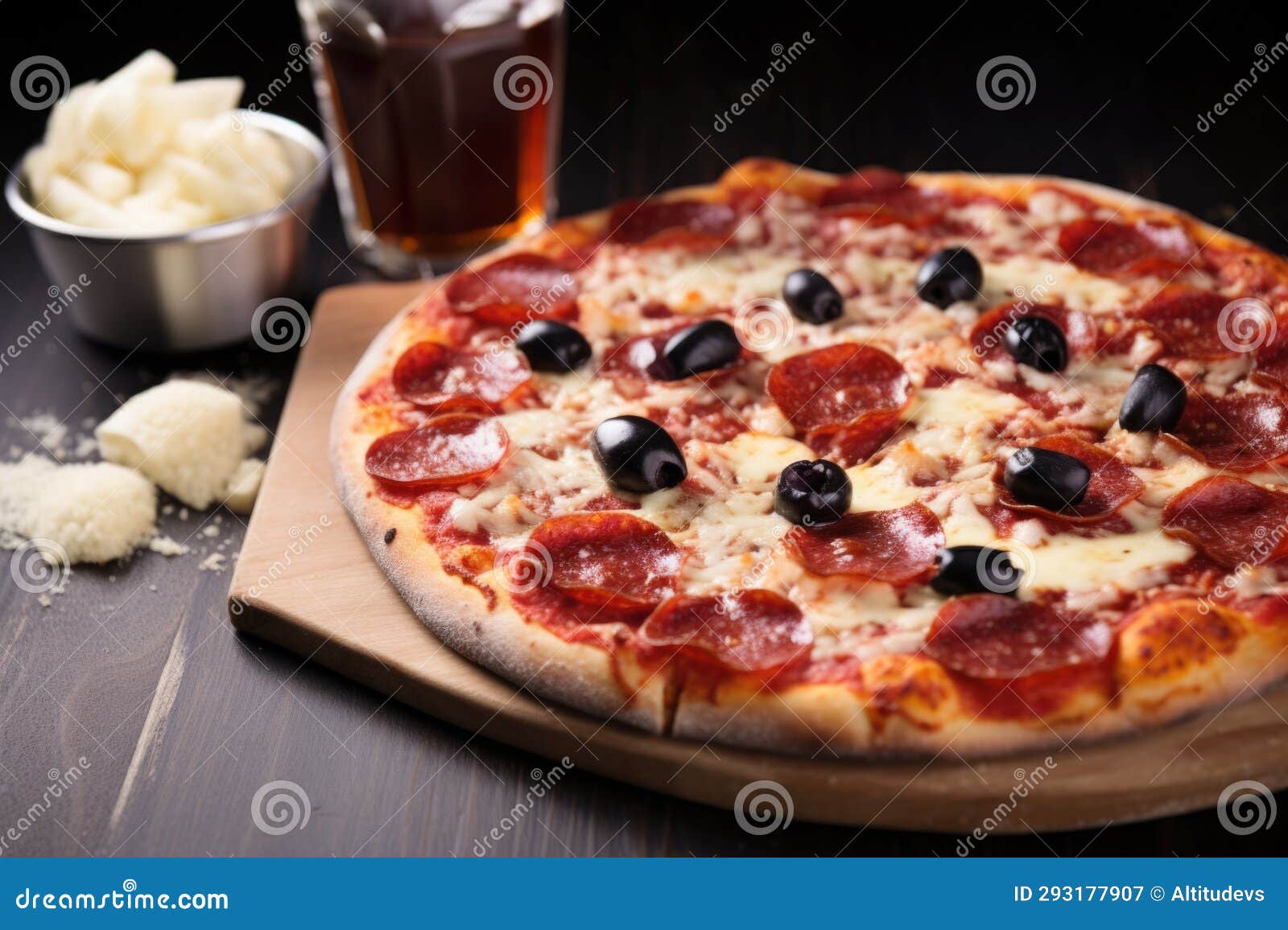 A Full Pepperoni Pizza Next To a Bottle of Soda Stock Image - Image of ...