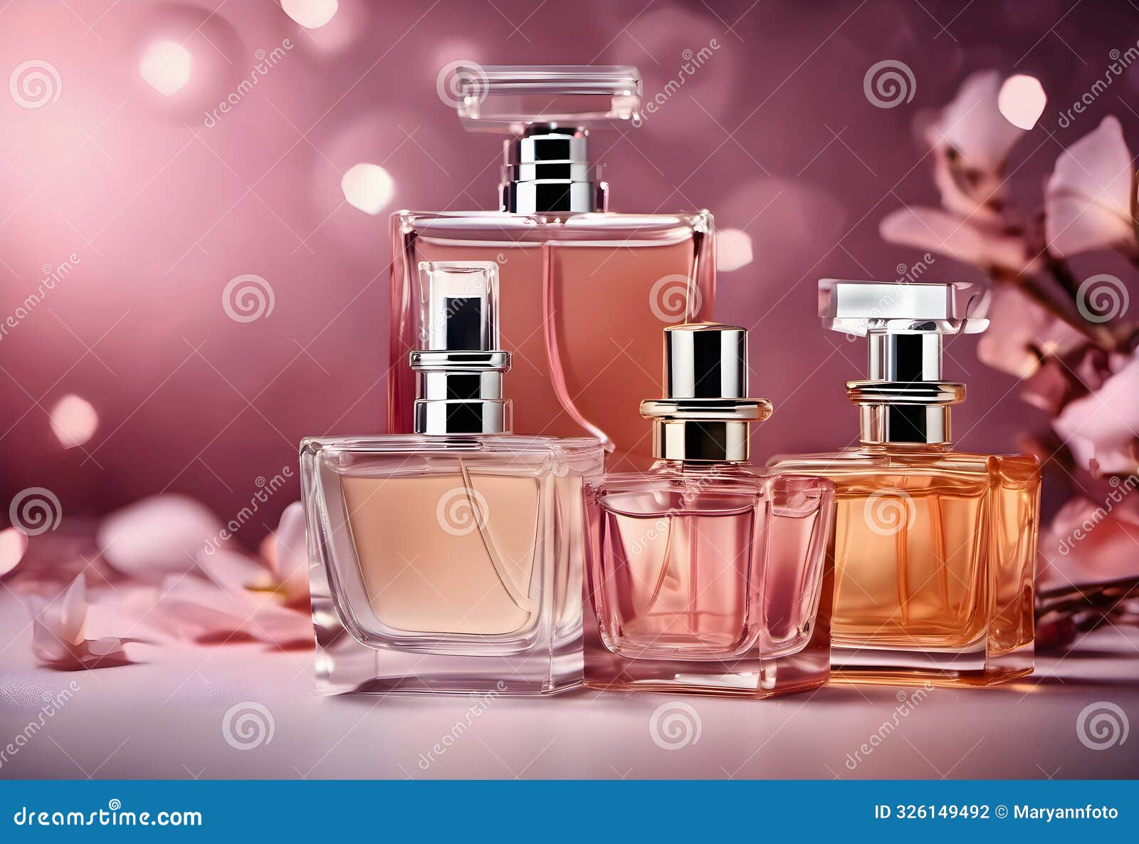 Full Perfume Four Bottles with Perfume on Pink Background Stock ...