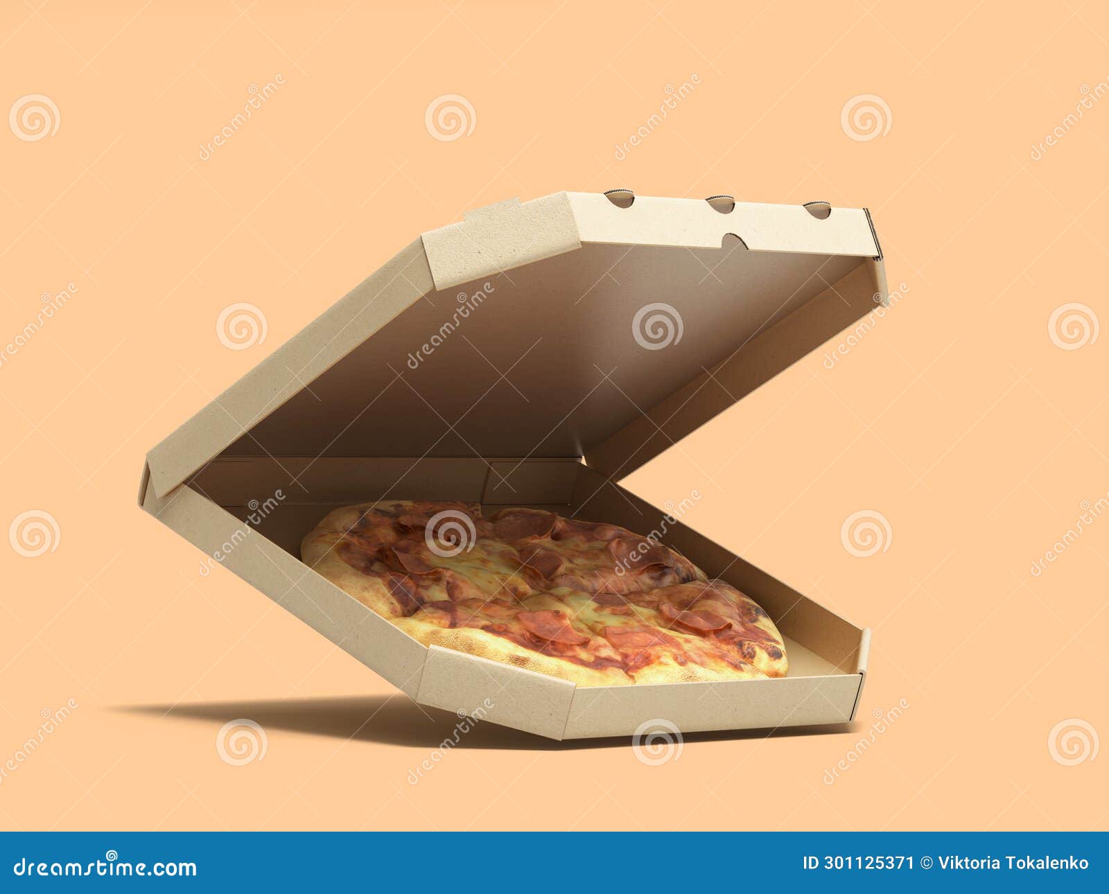 Full Pizza in Half Open Box Perspective View 3d Render on Color ...