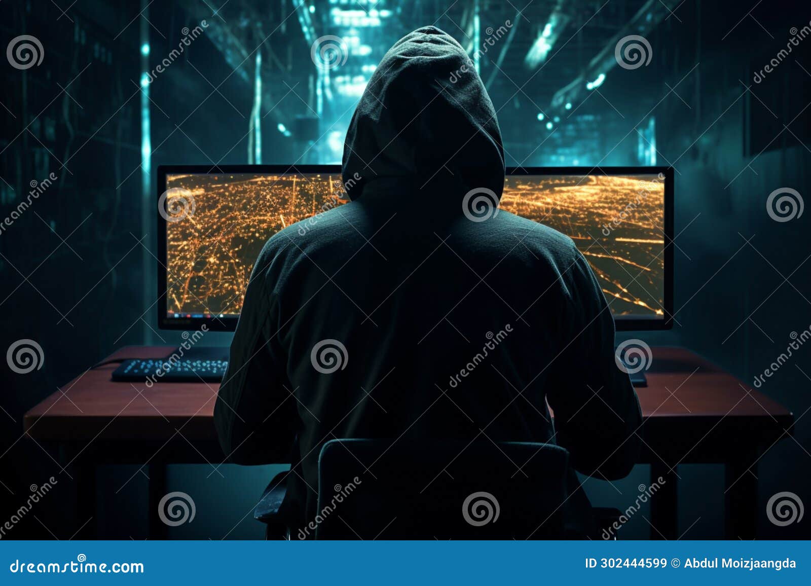 Full Rear View of an Anonymous Hooded Hacker Coding in Darkness Stock Illustration ...