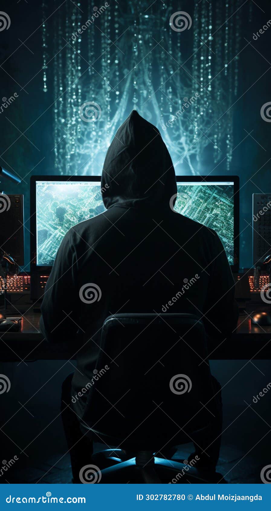 Full Rear View of an Anonymous Hooded Hacker Coding in Darkness Stock Illustration ...