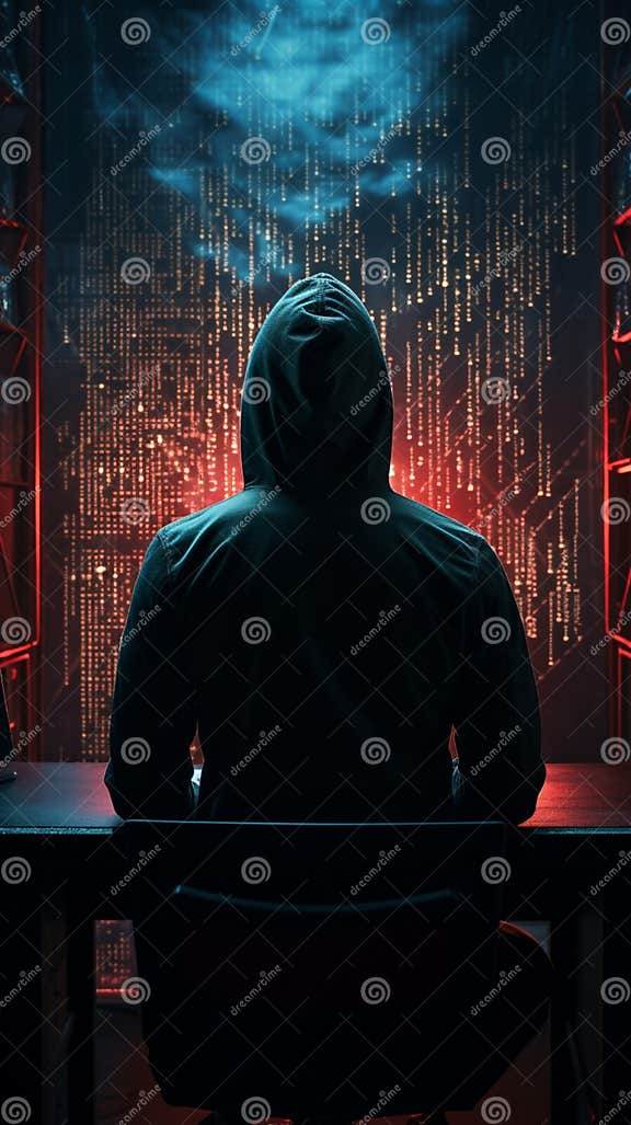 Full Rear View of an Anonymous Hooded Hacker Coding in Darkness Stock ...