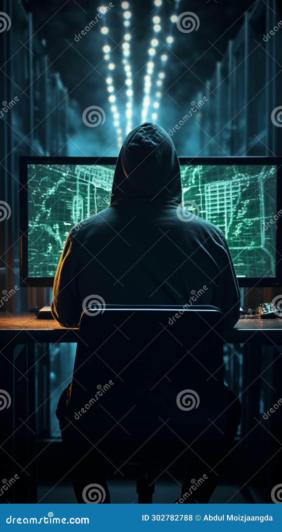 Full Rear View of an Anonymous Hooded Hacker Coding in Darkness Stock ...
