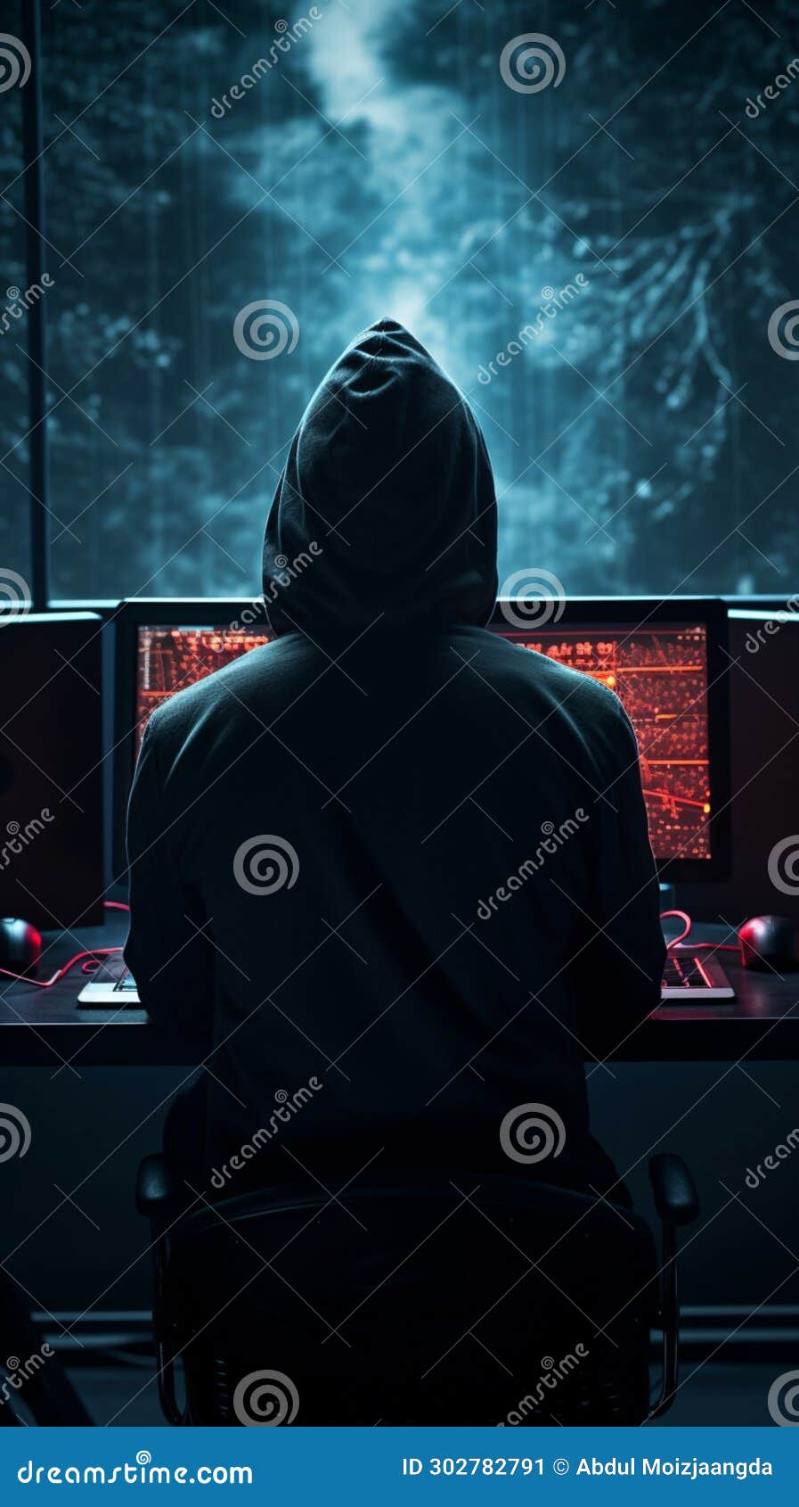 Full Rear View of an Anonymous Hooded Hacker Coding in Darkness Stock Illustration ...