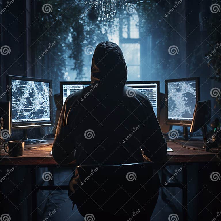 Full Rear View of an Anonymous Hooded Hacker Coding in Darkness Stock ...