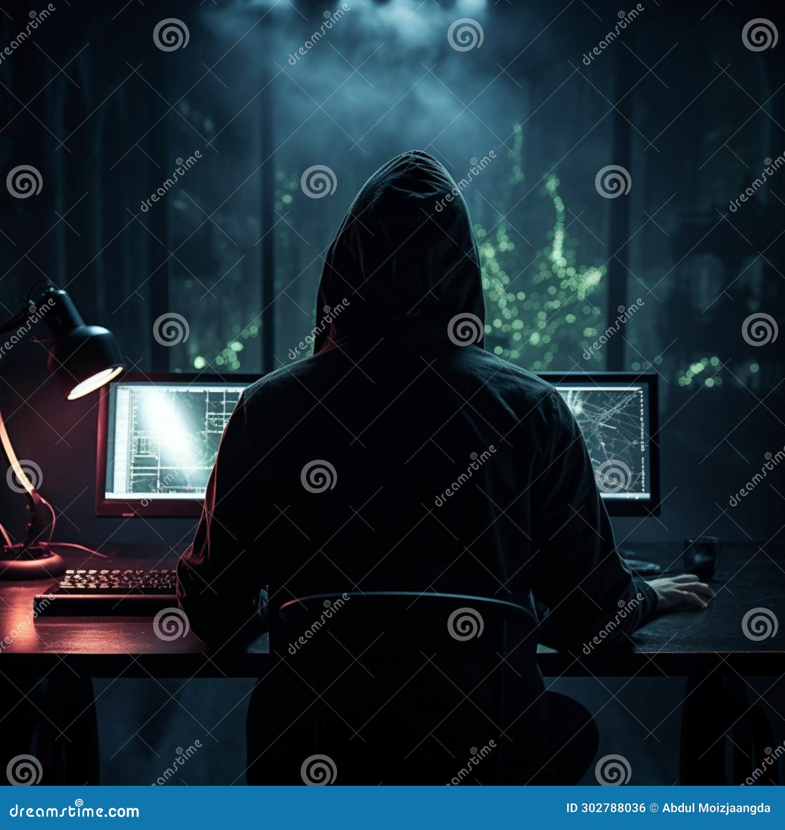 Full Rear View of an Anonymous Hooded Hacker Coding in Darkness Stock ...