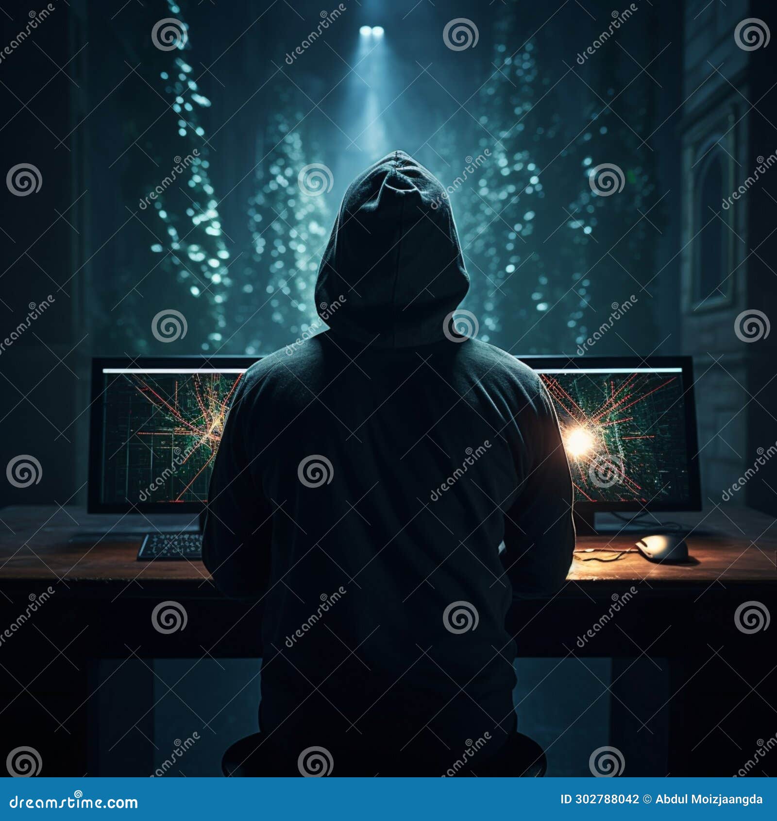 Full Rear View of an Anonymous Hooded Hacker Coding in Darkness Stock Illustration ...
