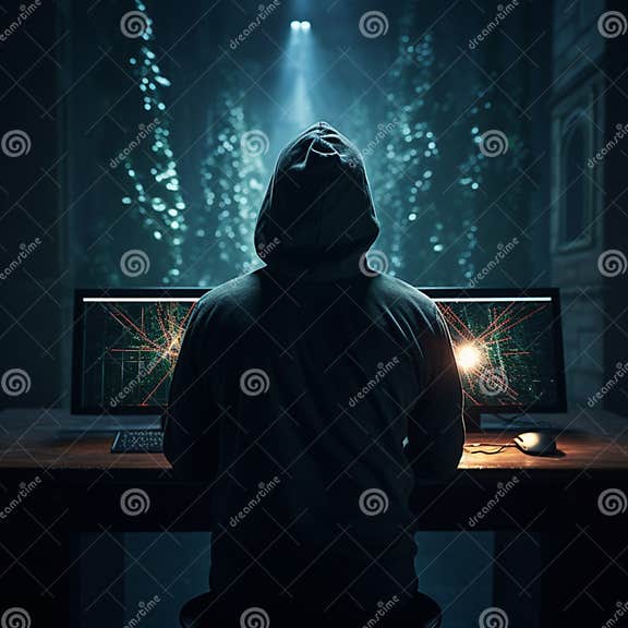 Full Rear View of an Anonymous Hooded Hacker Coding in Darkness Stock Illustration ...