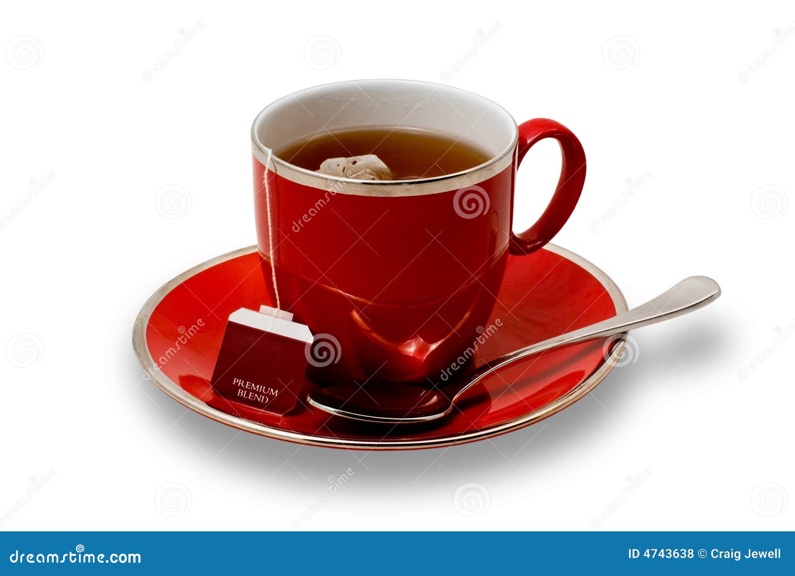Full Red Teacup and Saucer with Teabag Isolated on Stock Photo - Image ...