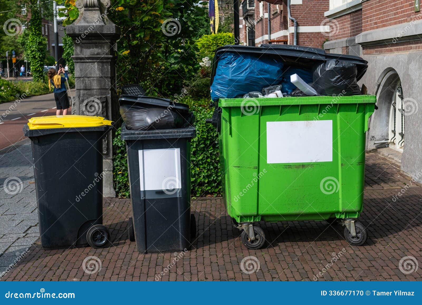Full Rubbish Bins on the Pavement Stock Photo - Image of environment ...