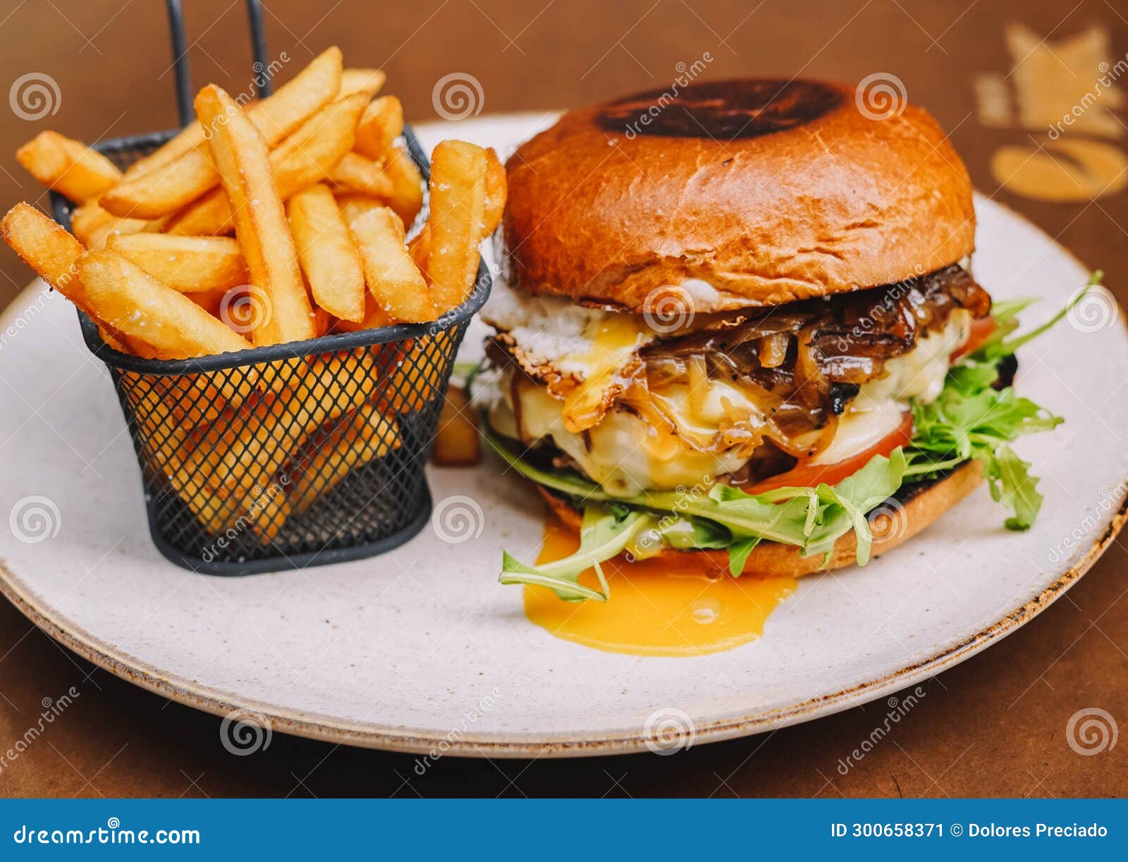 Full Rustic Beef Burger with Fries and Fried Egg Stock Image - Image of ...