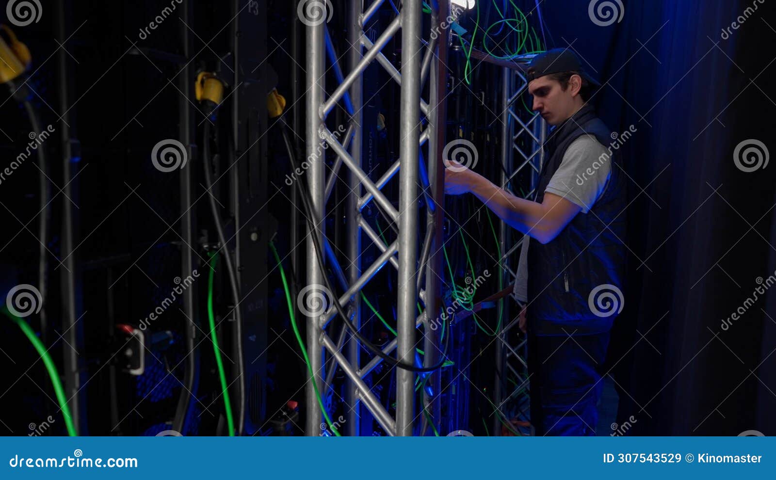 Full Shot Worker Checking Big Led Screen Panels Wires. Technician ...