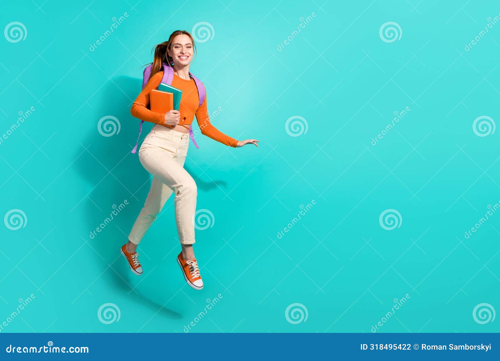 Full Size Photo Of Clever Nice Girl Dressed Orange Shirt Backpack Hold