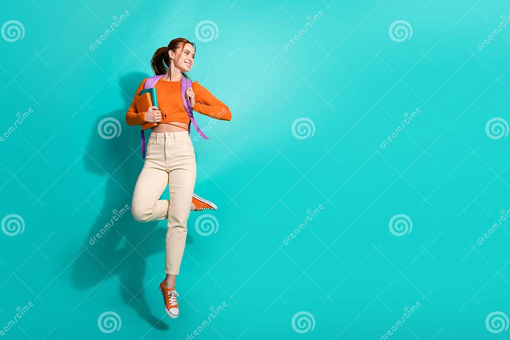 Full Size Photo Of Diligent Girl Dressed Orange Shirt Backpack Hold