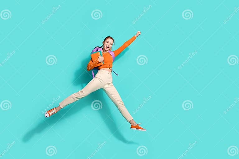 Full Size Photo Of Ecstatic Girl Dressed Orange Shirt Backpack On
