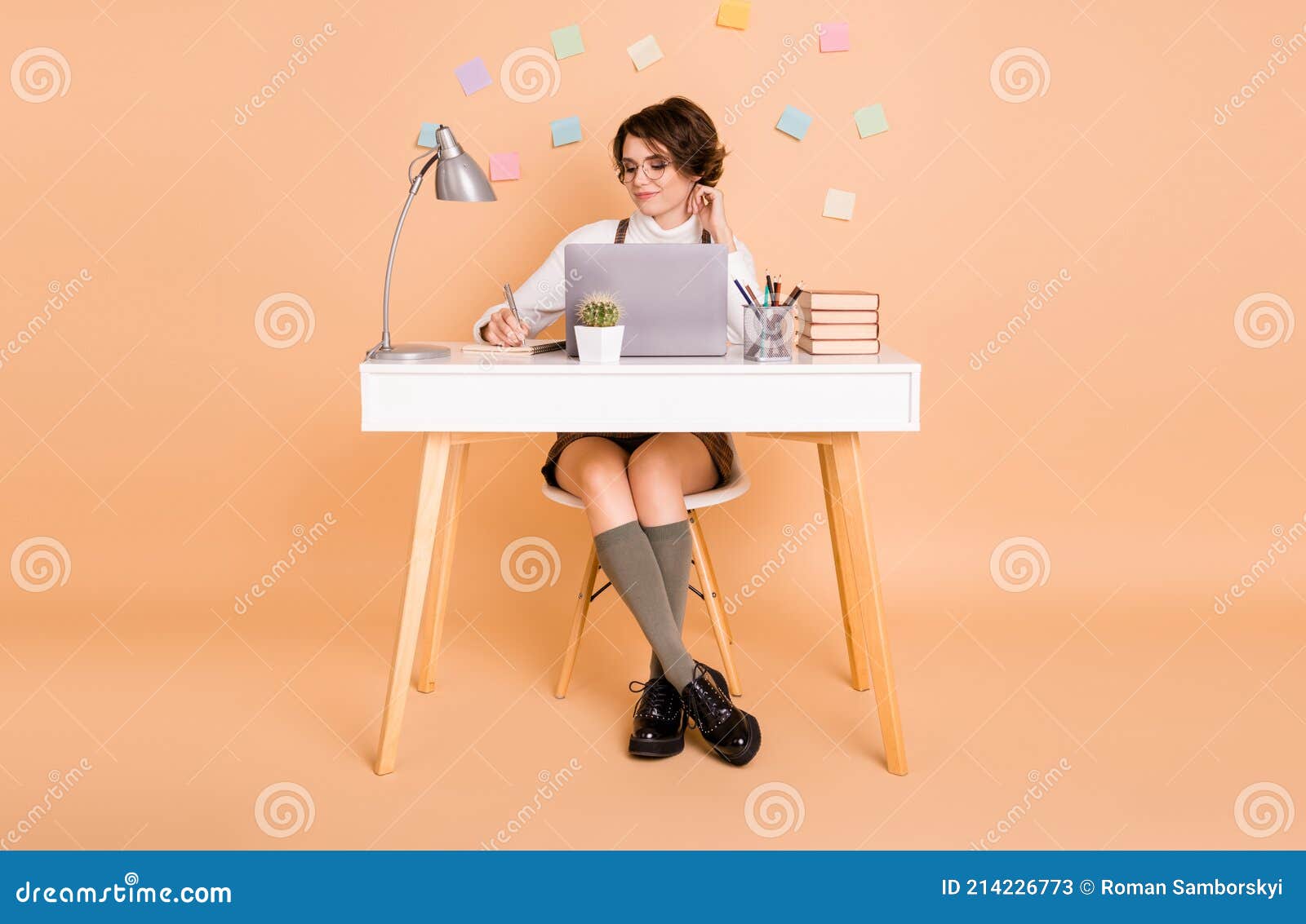 Full Size Photo Of Optimistic Nice Short Hairdo Girl Sit Write Paper