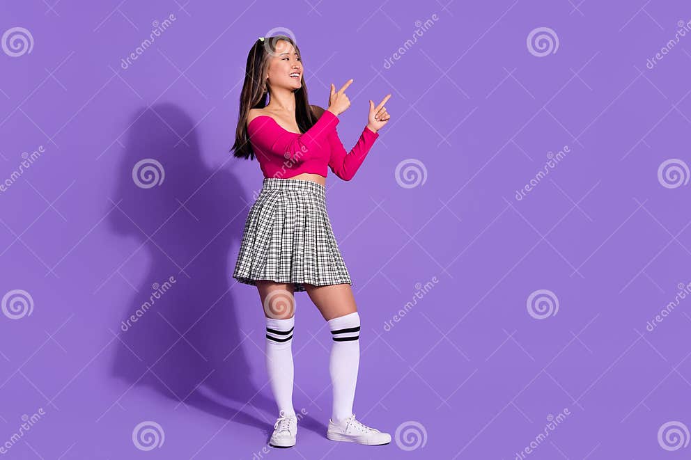 Full Size Photo Of Satisfied Pretty Girl Dressed Checkered Skirt Look Directing At Offer Empty
