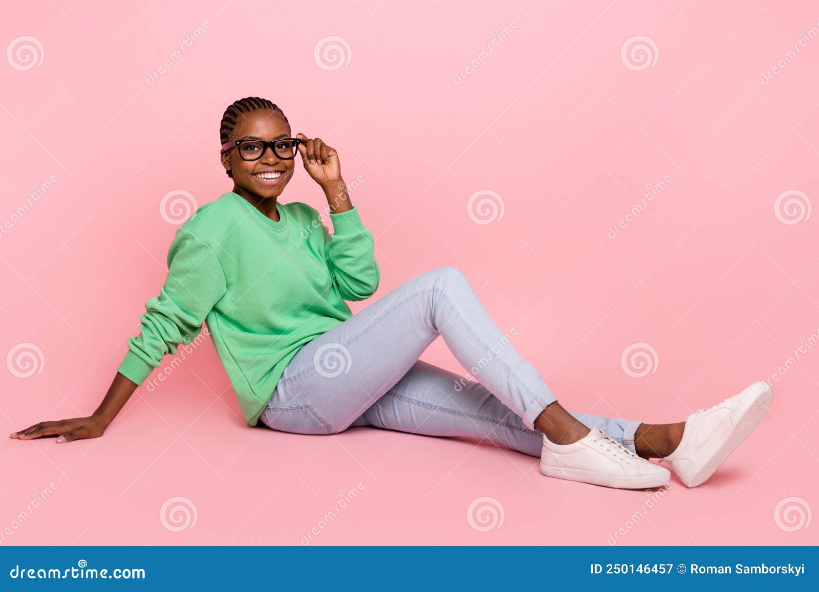 Full Size Portrait Of Nice Gorgeous Girl Sit Floor Arm Touch Eyewear