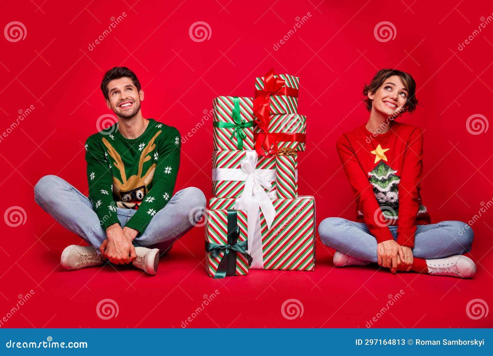 Full Size Portrait of Two Minded Creative People Sit Floor Look Empty ...