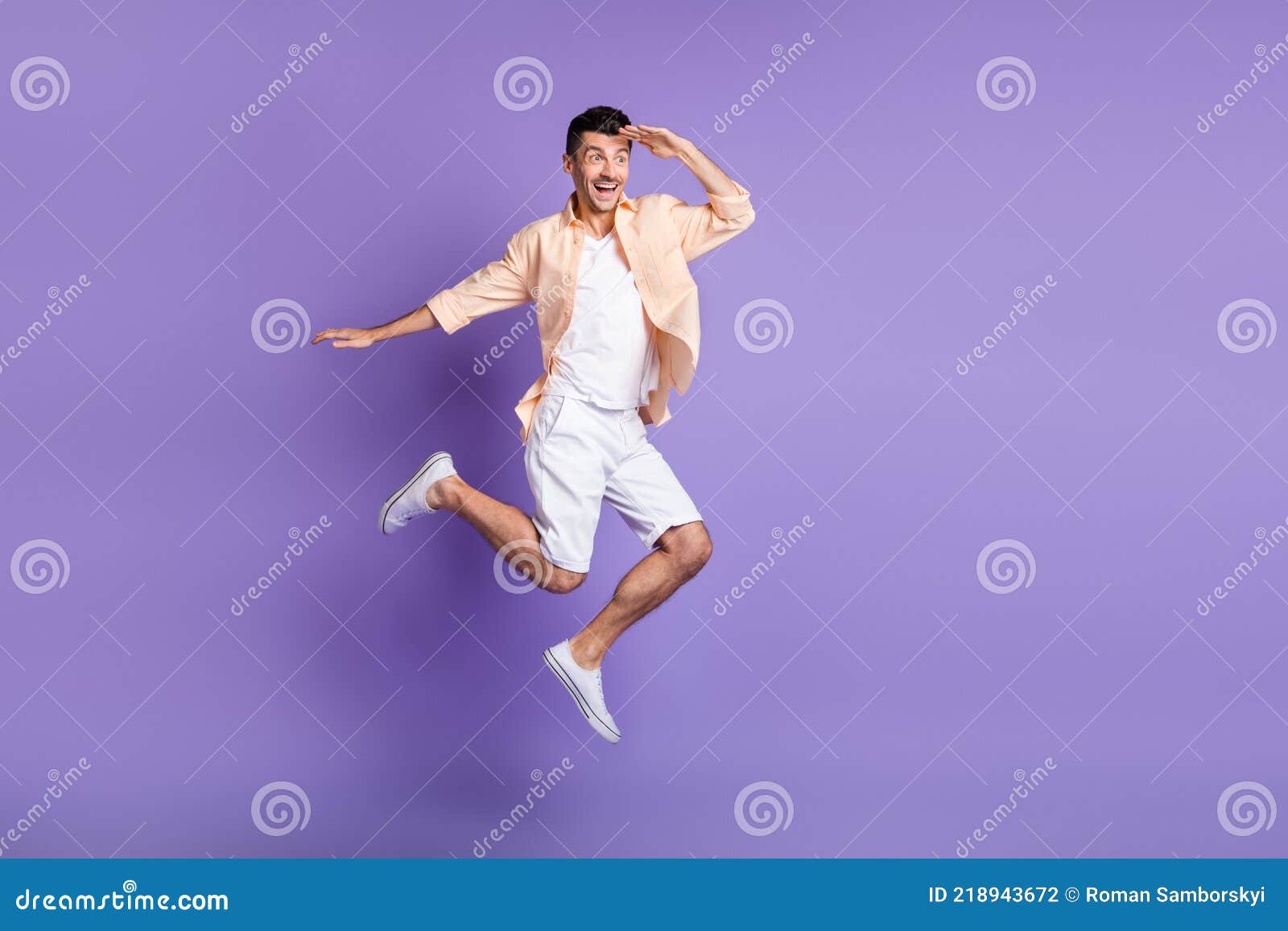 Full Size Profile Photo Of Hooray Brunet Guy Jump Look Wear Peach Shirt