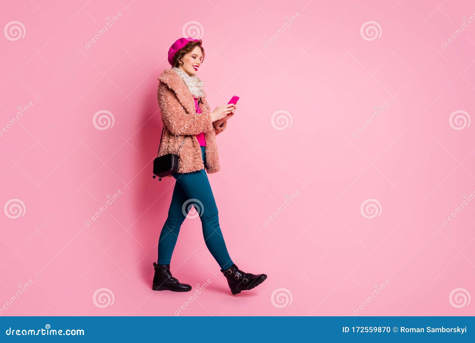 Full Size Profile Photo Of Pretty Lady Hold Telephone Chatting Friends