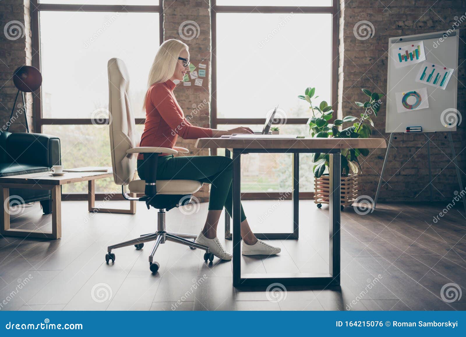 Full Size Profile Side Photo of Cool Confident Worker Sit Table Use ...