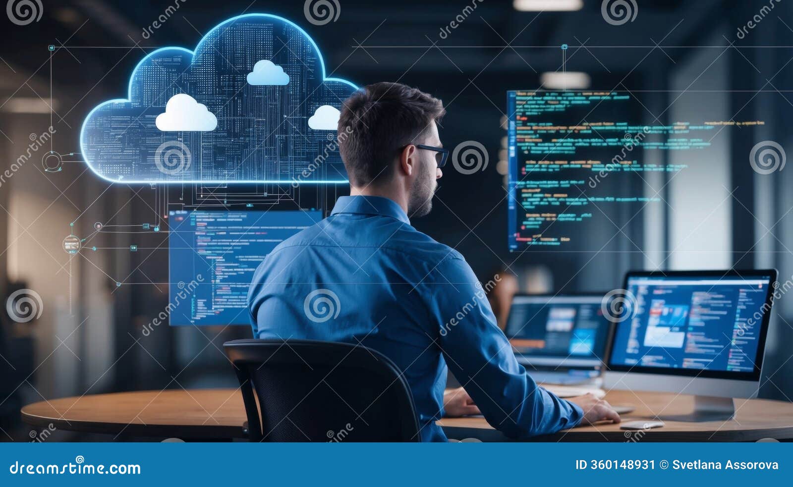 Full-stack Developer Working on Cloud Integration, Coding in the Background, Modern Software ...